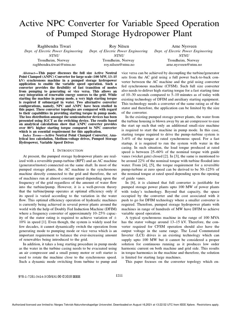 2 IECON-2020 Active NPC Converter For Variable Speed Operation of Pumped Storage Hydropower ...