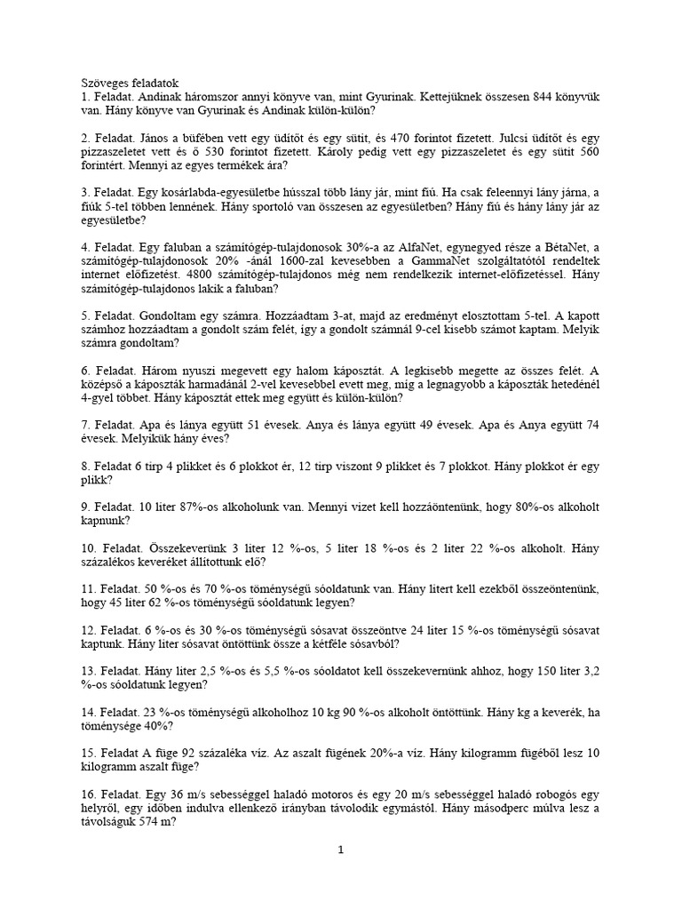 Szöveges Feladatok 8 Osztály | PDF