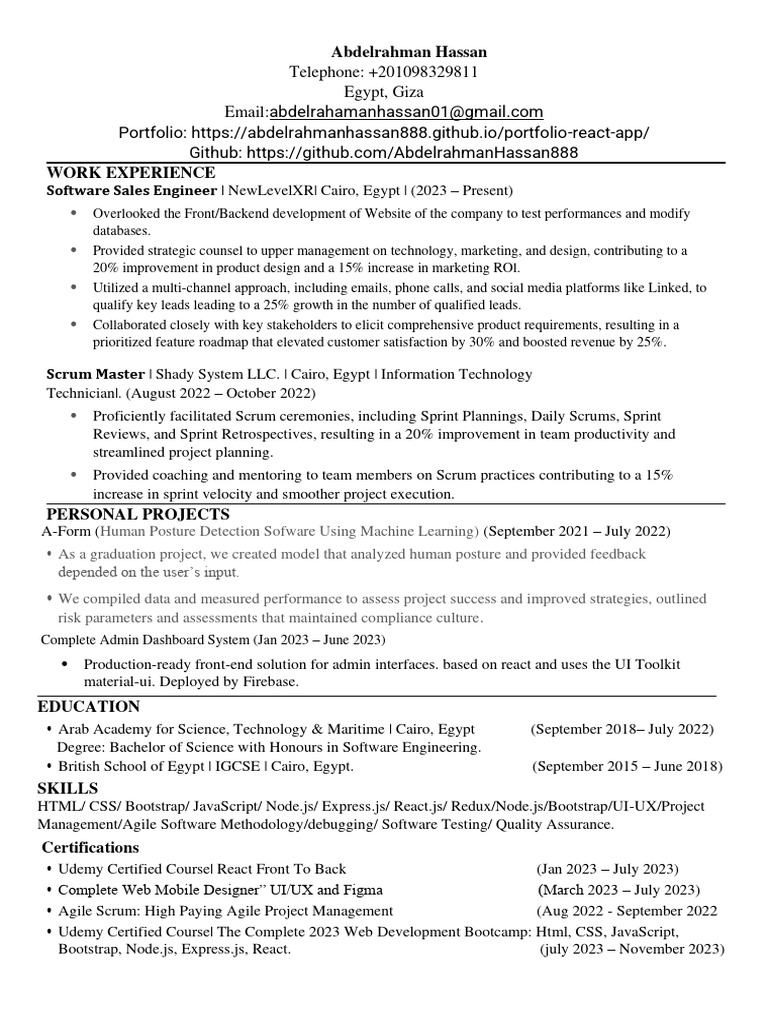 Abdelrahman Hassan CV (1) - Copy2 | PDF | Scrum (Software Development) | Bootstrap (Front End ...