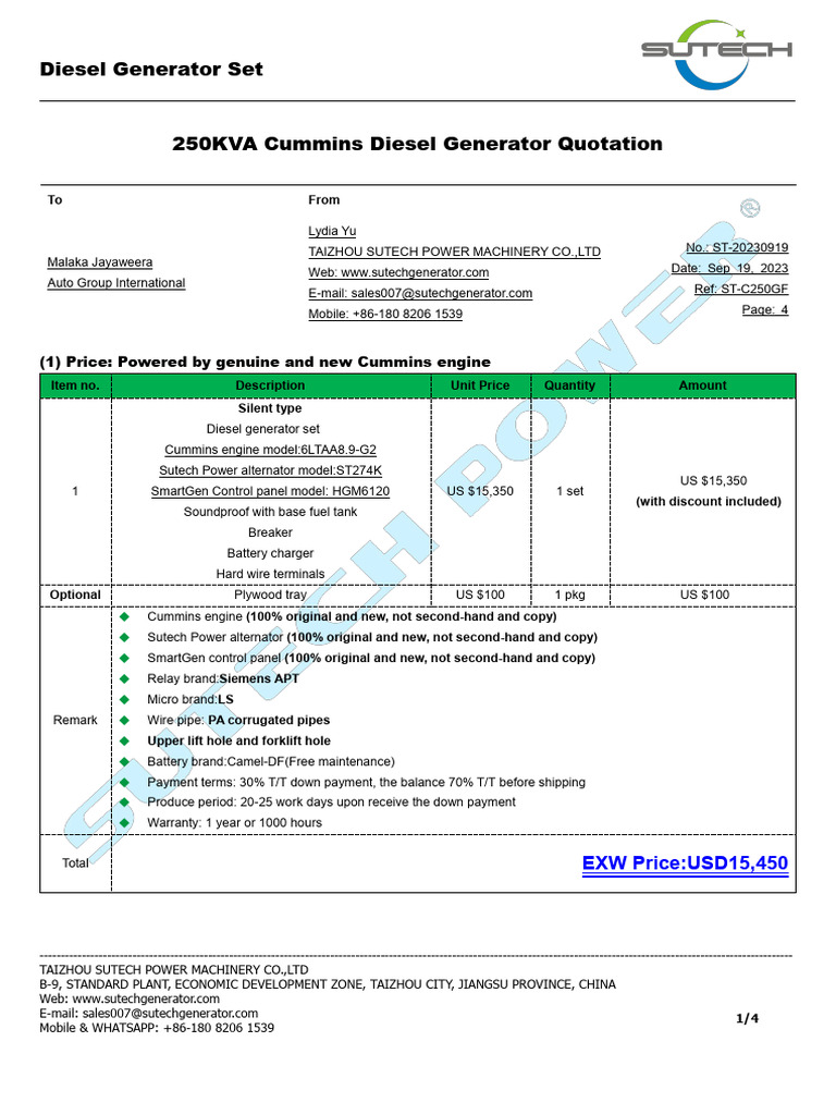250KVA Cummins Diesel Generator Quote - Lydia Yu | PDF