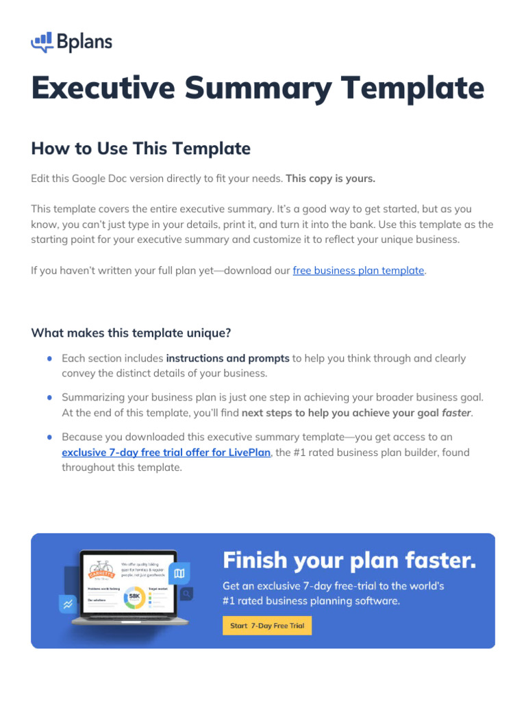 Bplans Executive Summary Template | PDF | Economies | Business