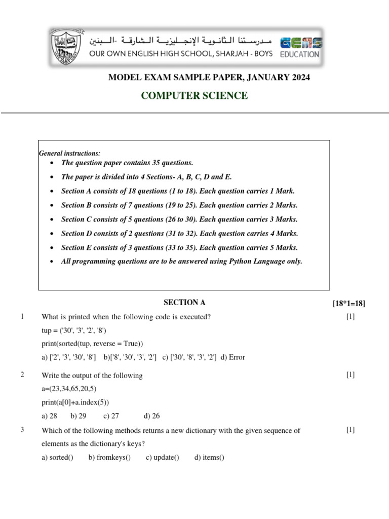 Grade 11 Sample Paper C SC MODEL PAPER | PDF | Data Type | Computer Science