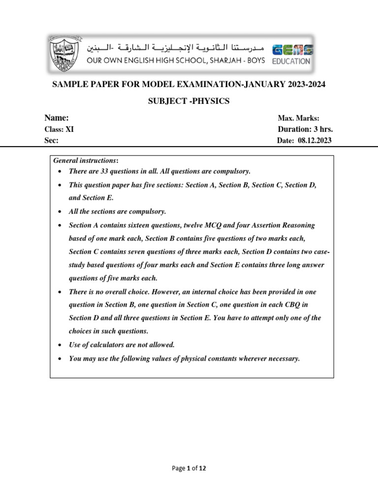 Sample Paper Physics - Grade 11-Model Examination | PDF | Orbit | Friction