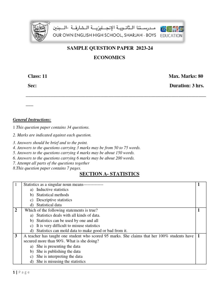 Grade 11 Eco Sample Paper | PDF | Demand | Price Elasticity Of Demand