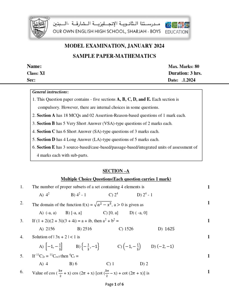 GR 11 Model - Mathematics Sample Paper | PDF | Student Assessment And ...