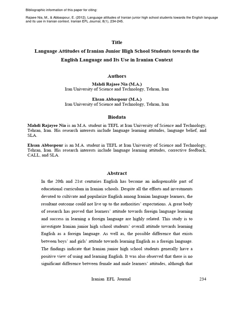 Language Attitudes of Iranian Junior Hig | PDF | English As A Second Or ... Language Attitudes of Iranian Junior Hig | PDF | English As A Second Or ...