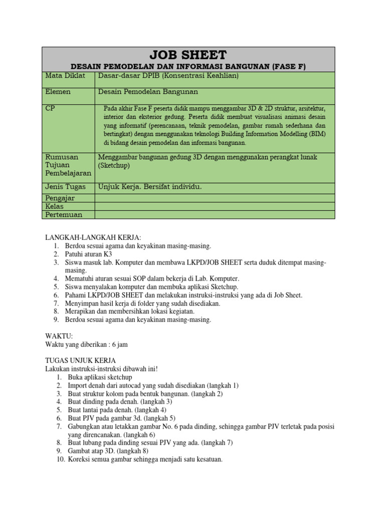 Jobsheet Desain 3D Menggunakan Sketchup | PDF