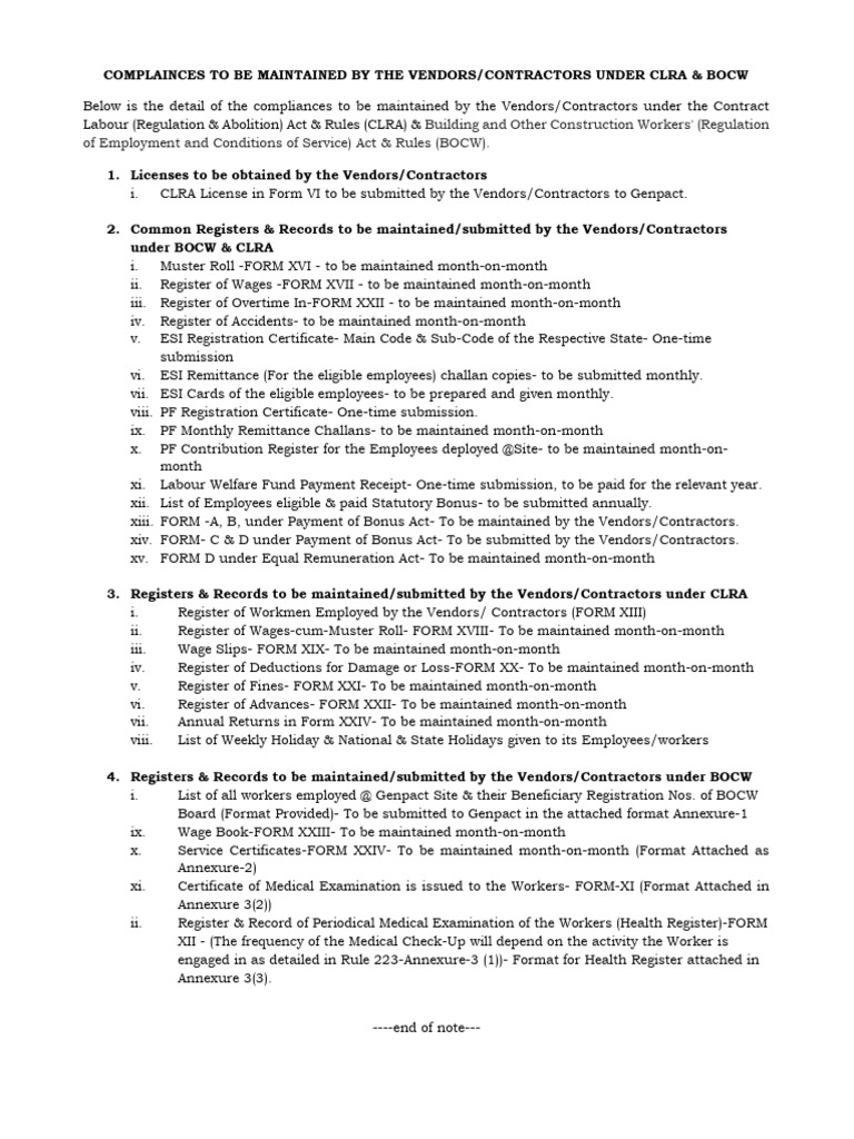 BOCW Checklist | Download Free PDF | Employment | Labor Relations