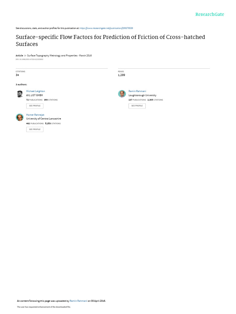Surface Specific Flow Factors For Prediction Of Friction Of Cross Hatched Surfaces Pdf
