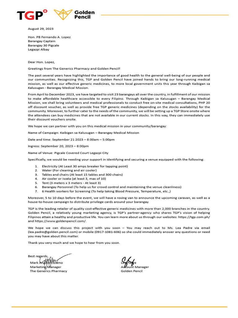 Letter of Intent - TGP Caravan - Legazpi | PDF | Social Programs ...