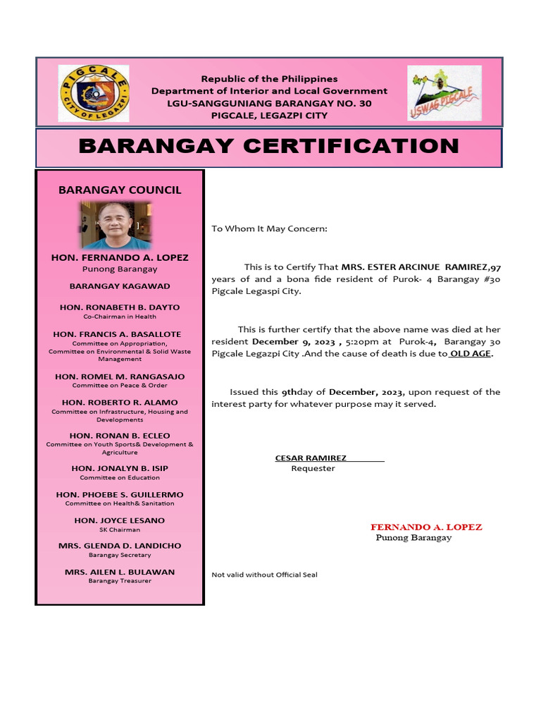 Brgy Cert For Cert. | PDF