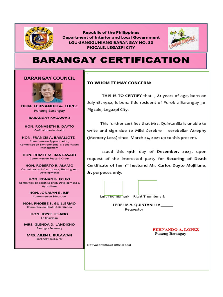 BRGY CERT. if cant sign | PDF