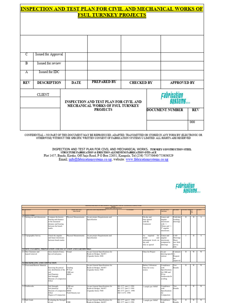 CIVIL Inspection & Test Plan | PDF | Concrete | Welding