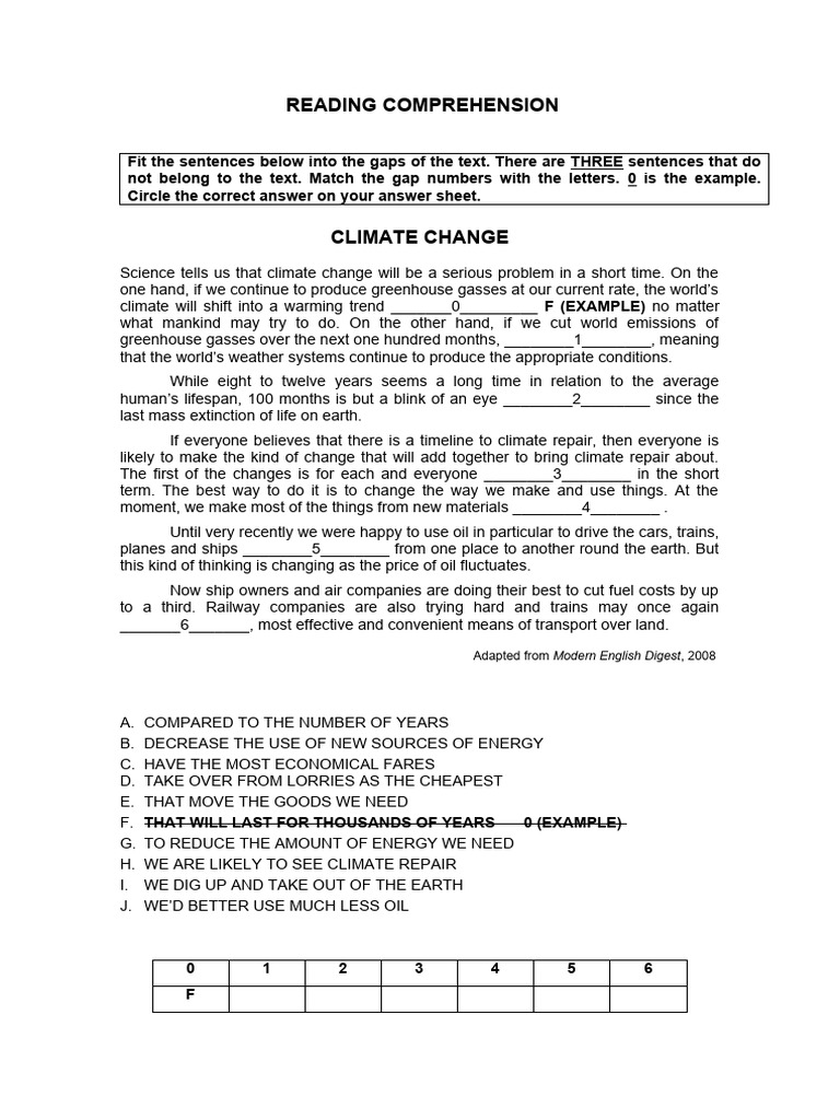 B1 READING-gapped sentences-CLIMATE CHANGE | PDF | Climate Change | Climate