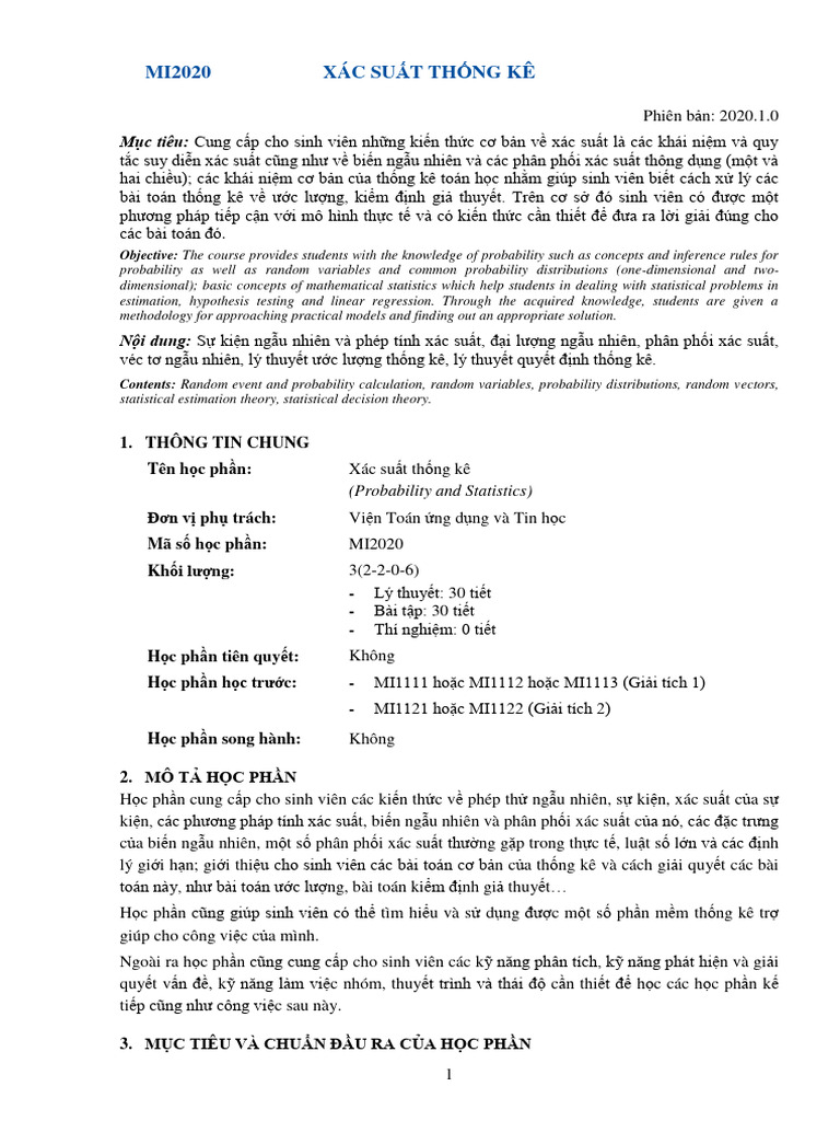 DE CUONG LY THUYET - Xac-Suat-Thong-Ke - MI2020 - DHCQ - 2020.1.0 | PDF