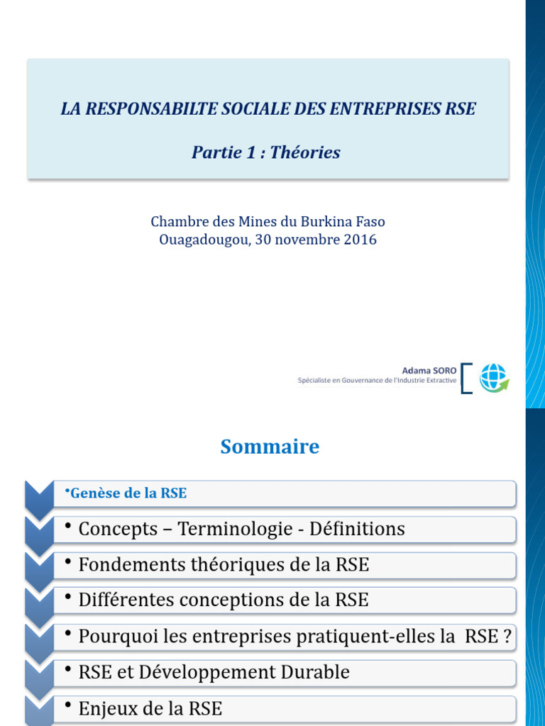 Présentation - Théories de La RSE Chambre Des Mines - 301116 Atelier ...