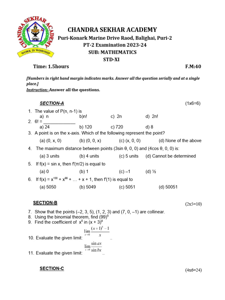 Std-Xi Math PT-2 | PDF