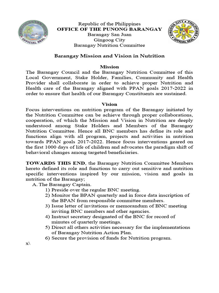 The Barangay Mission & Vision Statement 2019 | PDF