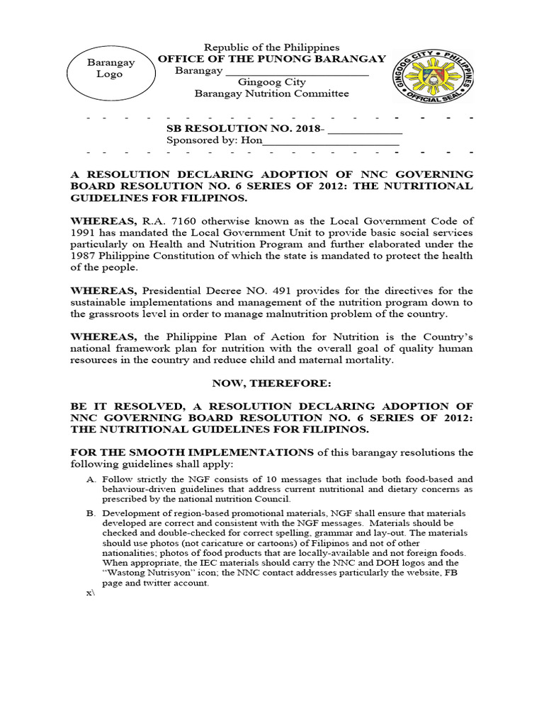 SB Resolution NGF Adoptions 2019 | PDF | Nutrients | Breastfeeding