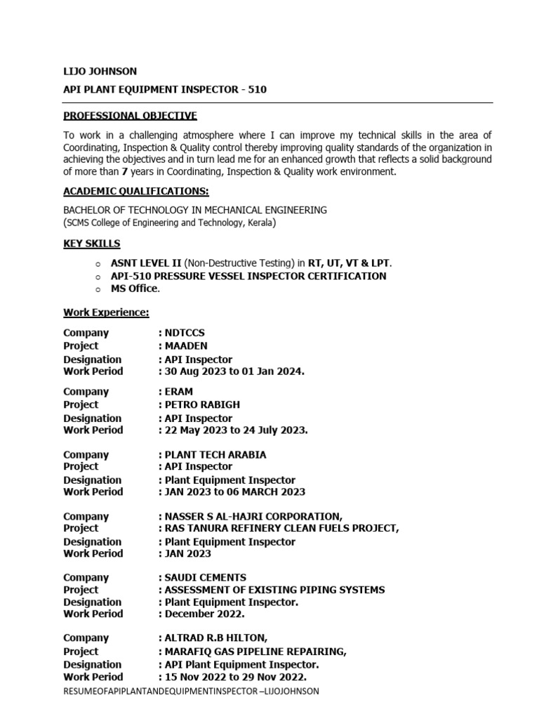 API Inspector Resume: Lijo Johnson | PDF | Welding | Construction