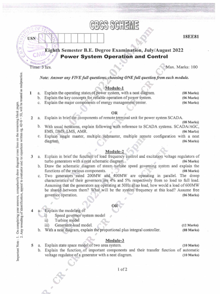 Share VTU Question Paper of 18EE81 Power System Operation and Control ...