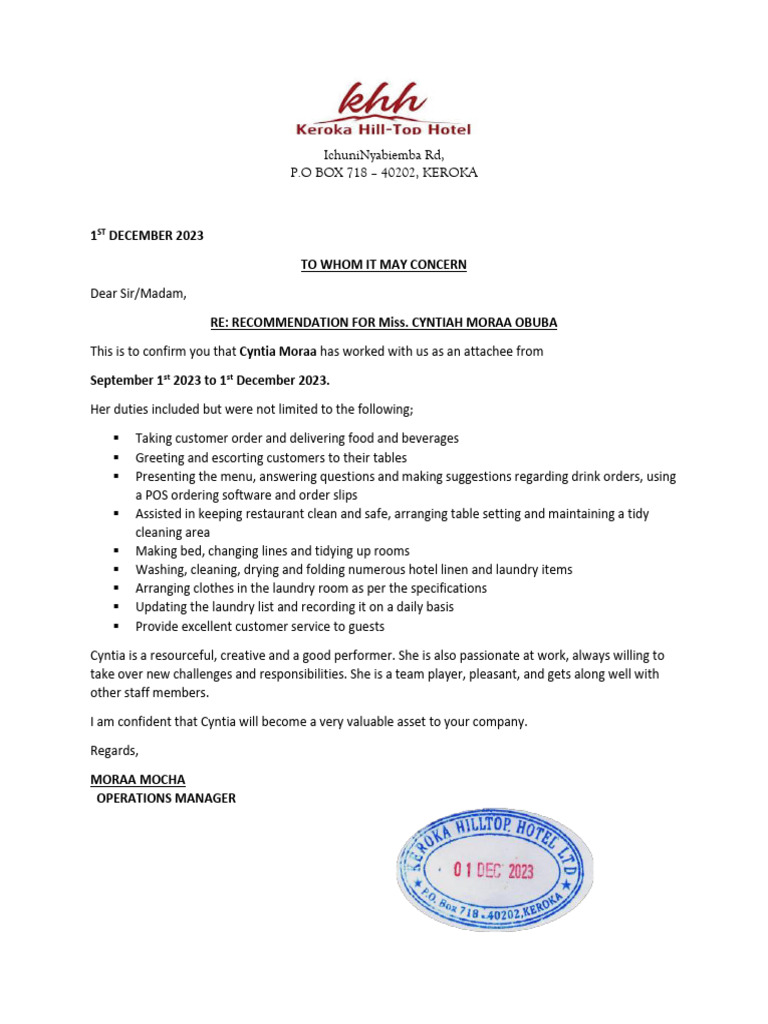 Recommendation for Cyntia Moraa Obuba | PDF