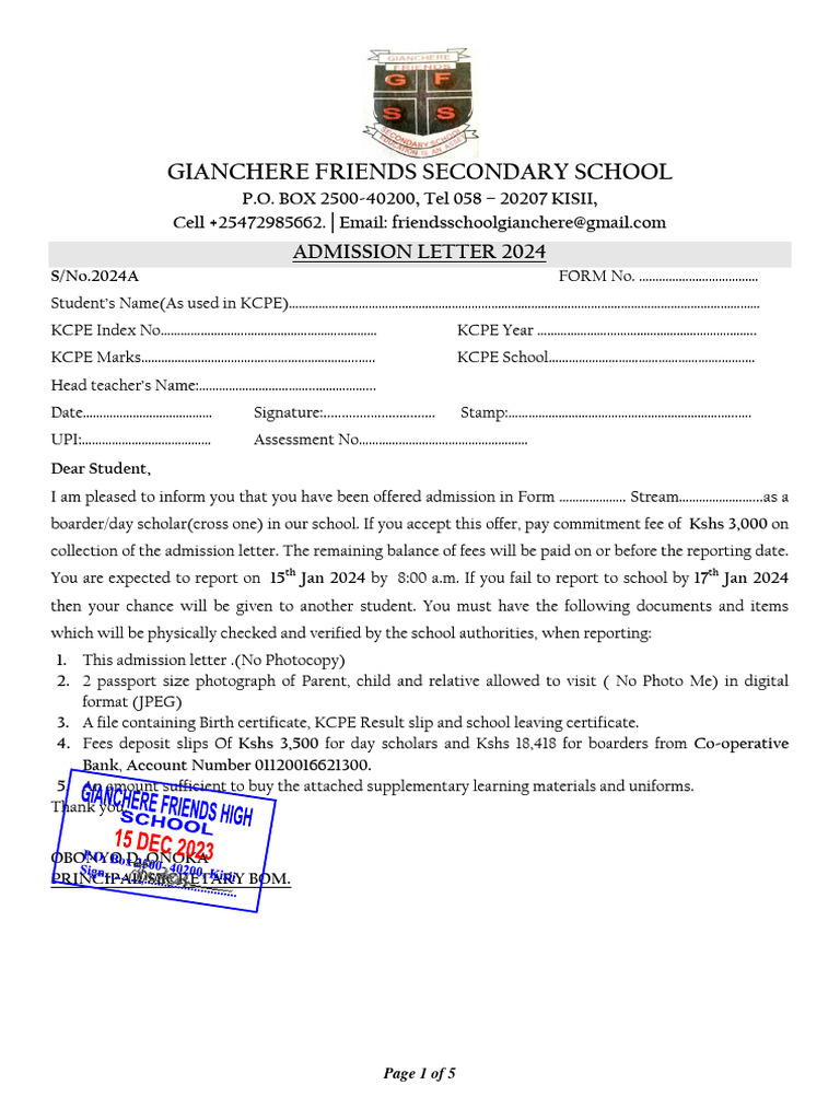 Gianchere Friends Secondary Admission 2024 | PDF | Fee | Cheque