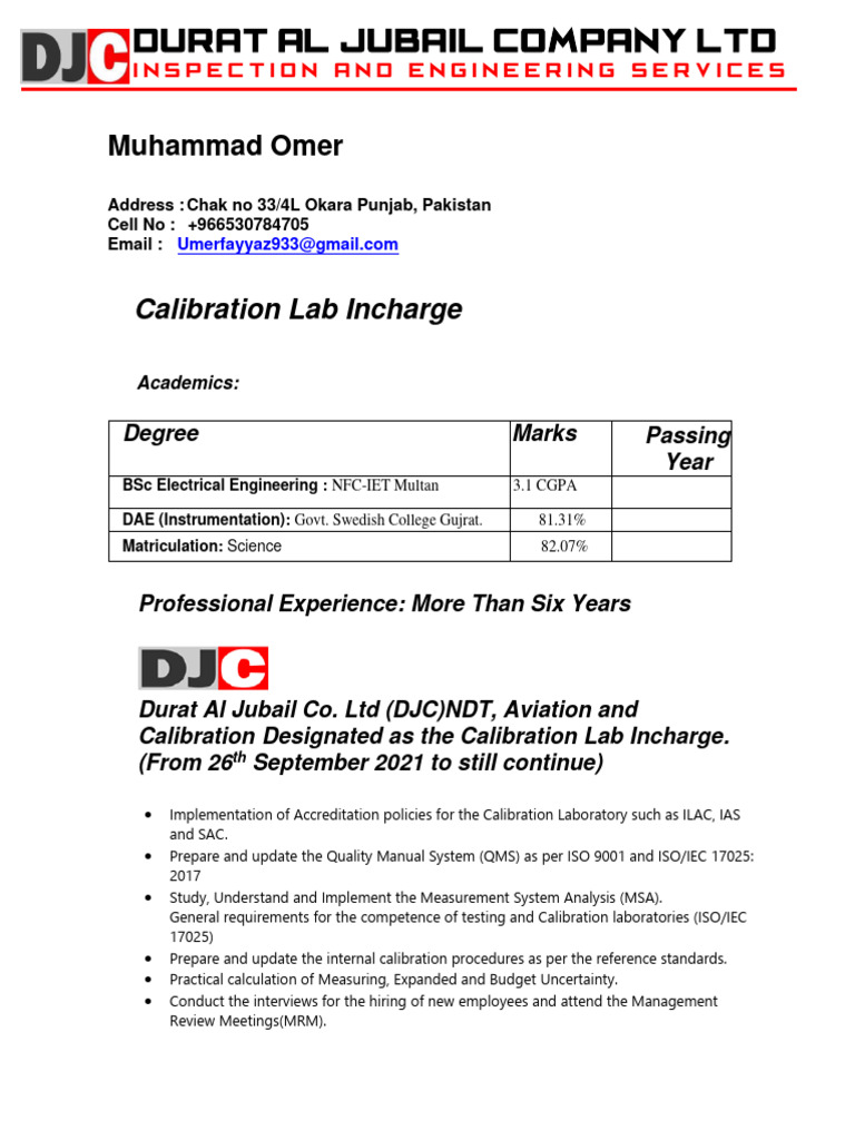 Omer Resume | PDF | Calibration | Sensor