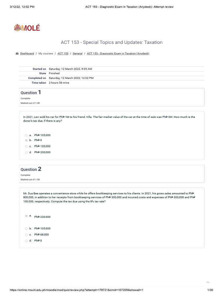 ACT 153 - Diagnostic Exam in Taxation Anydesk Attempt Review | PDF ...