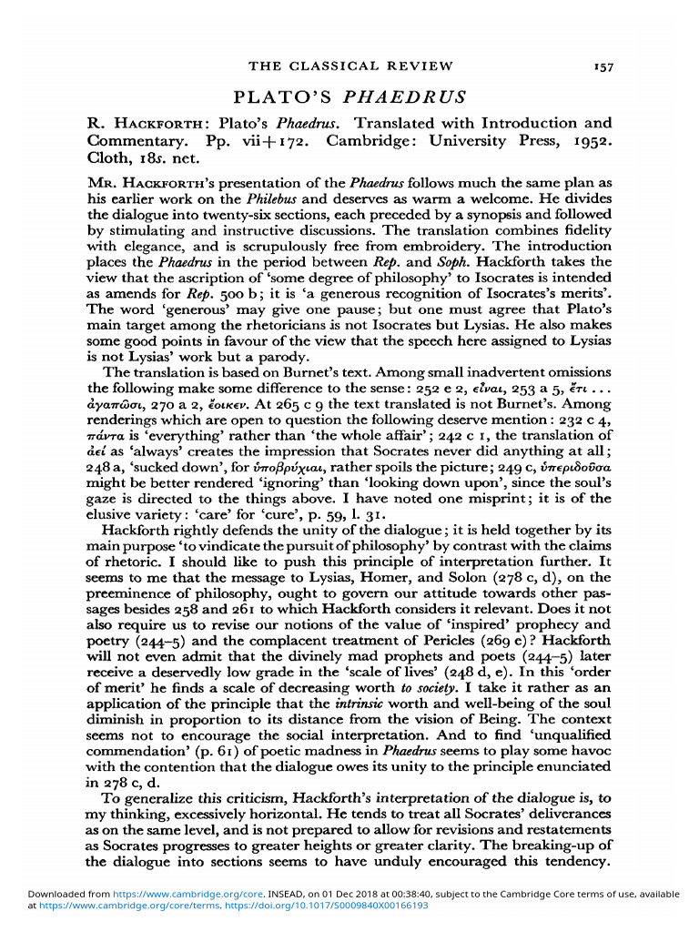 Plato's Phaedrus R. Hackforth Plato's Phaedrus. Translated With Introduction and Commentary ...