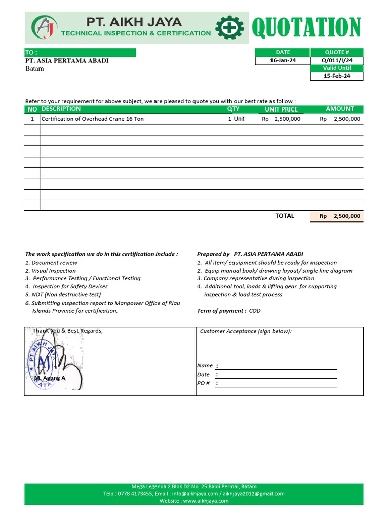 Quotation for Crane Certification Services | PDF | Business Process
