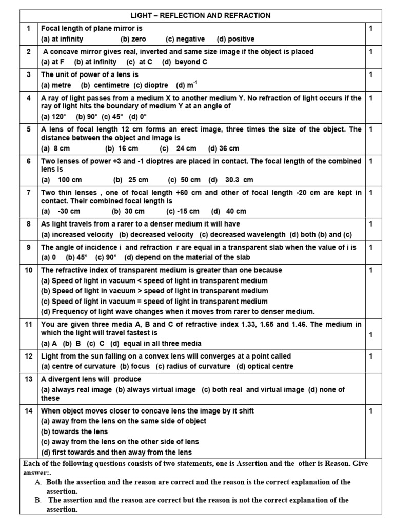 Revision Assignment - Reflection and Refraction | PDF | Mirror ...