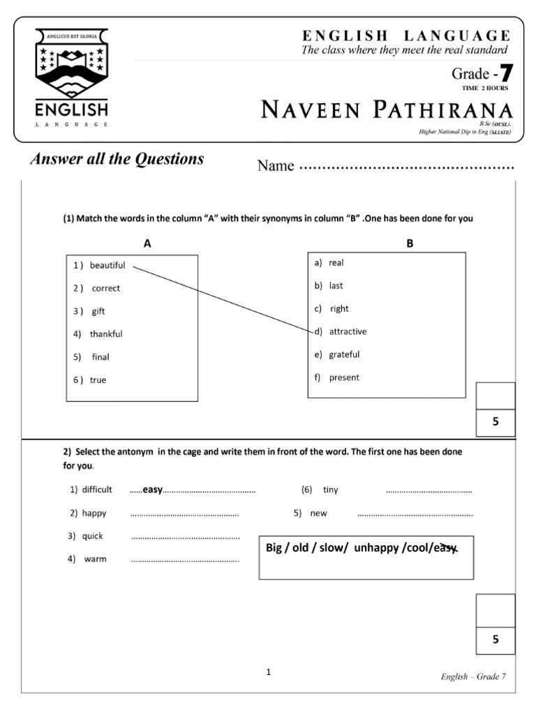 Grade 7 Paper 2nd term - 2023 - 3rd paper set | PDF
