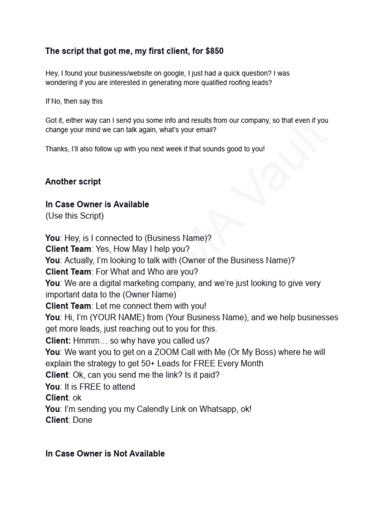 Cold Calling Script - 10K SMMA VAULT | PDF
