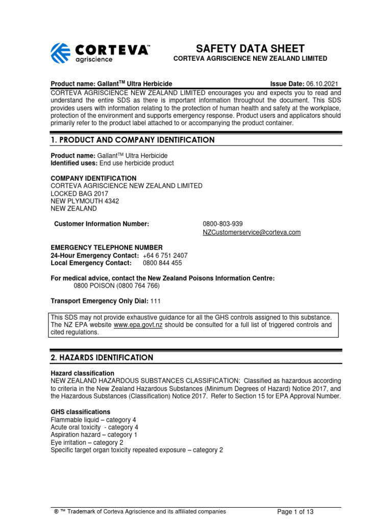 Gallant Ultra Herbicide SDS NZ Oct 2021 | PDF | Firefighting | Toxicity
