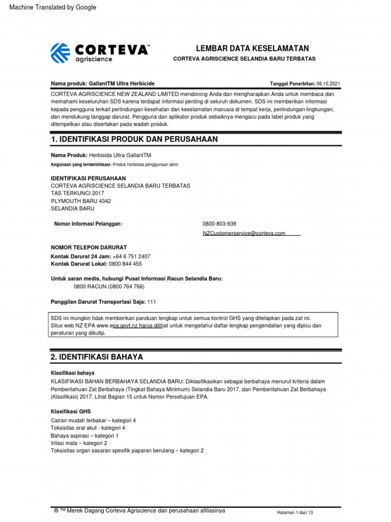 Gallant Ultra Herbicide SDS NZ Oct 2021 | PDF