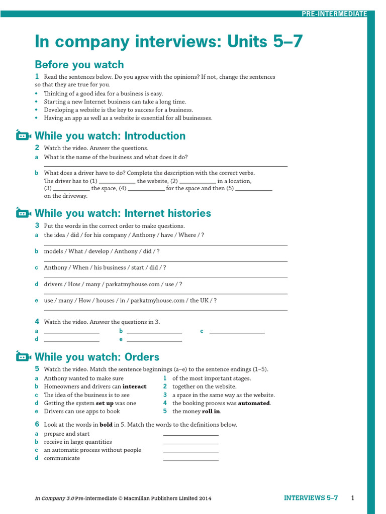 In Company 3.0 Pre-Intermediate Interview Video Units 5-7 Worksheet | PDF | Cognitive Science ...