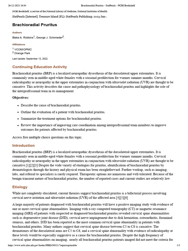 Brachioradial Pruritus - Blake Et Al - StatPearls - NCBI Bookshelf ...