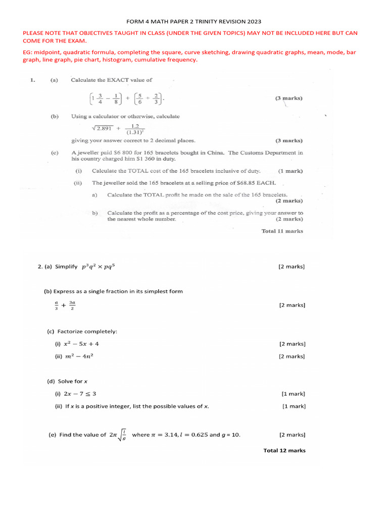 Form 4 Math Paper 2 Trinity Revision 2023 | PDF