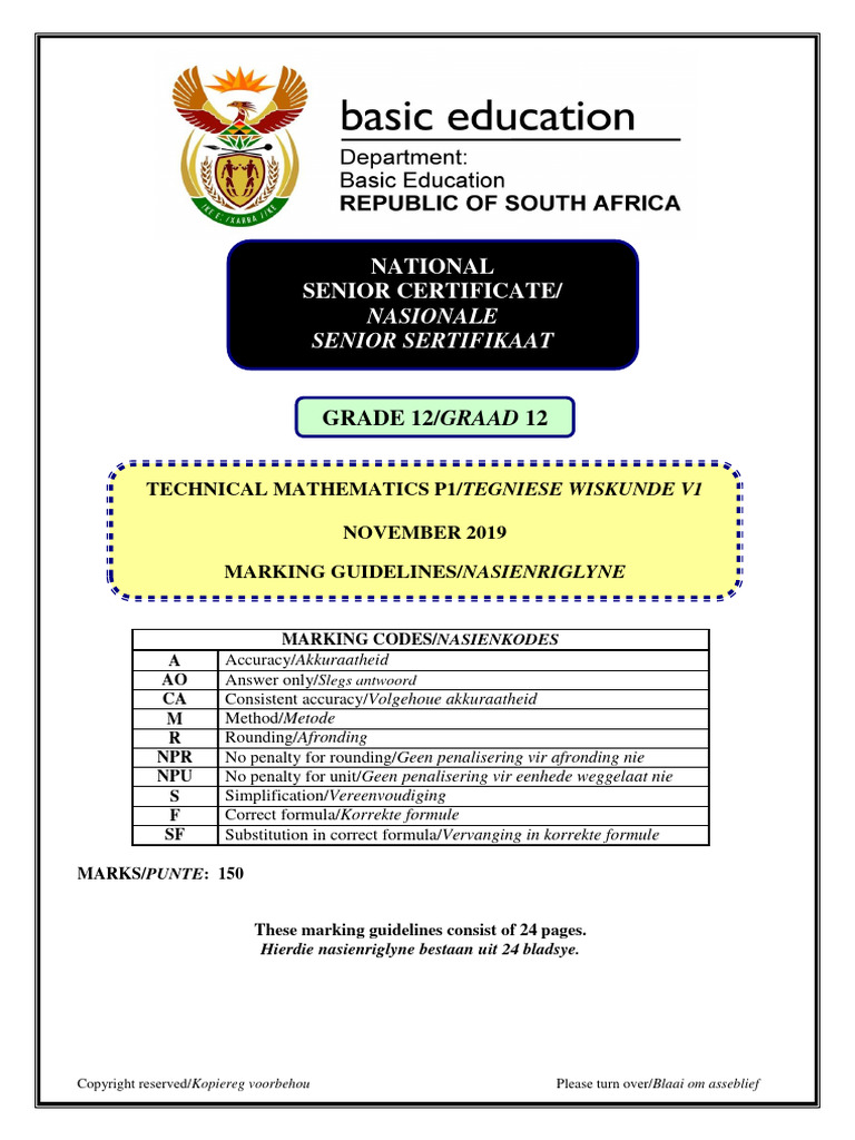 Technical Mathematics P1 Nov 2019 Memo Afr & Eng | PDF