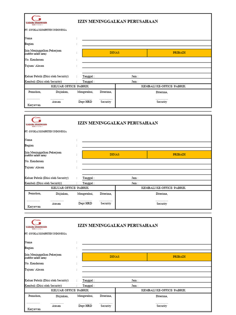 Form Izin Meninggalkan Perusahaan | PDF