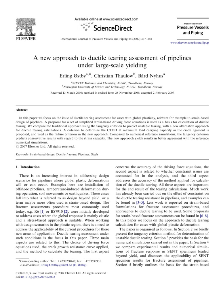 A New Approach To Ductile Tearing Assessment Of Pipelines Under Large Scale Yielding Pdf