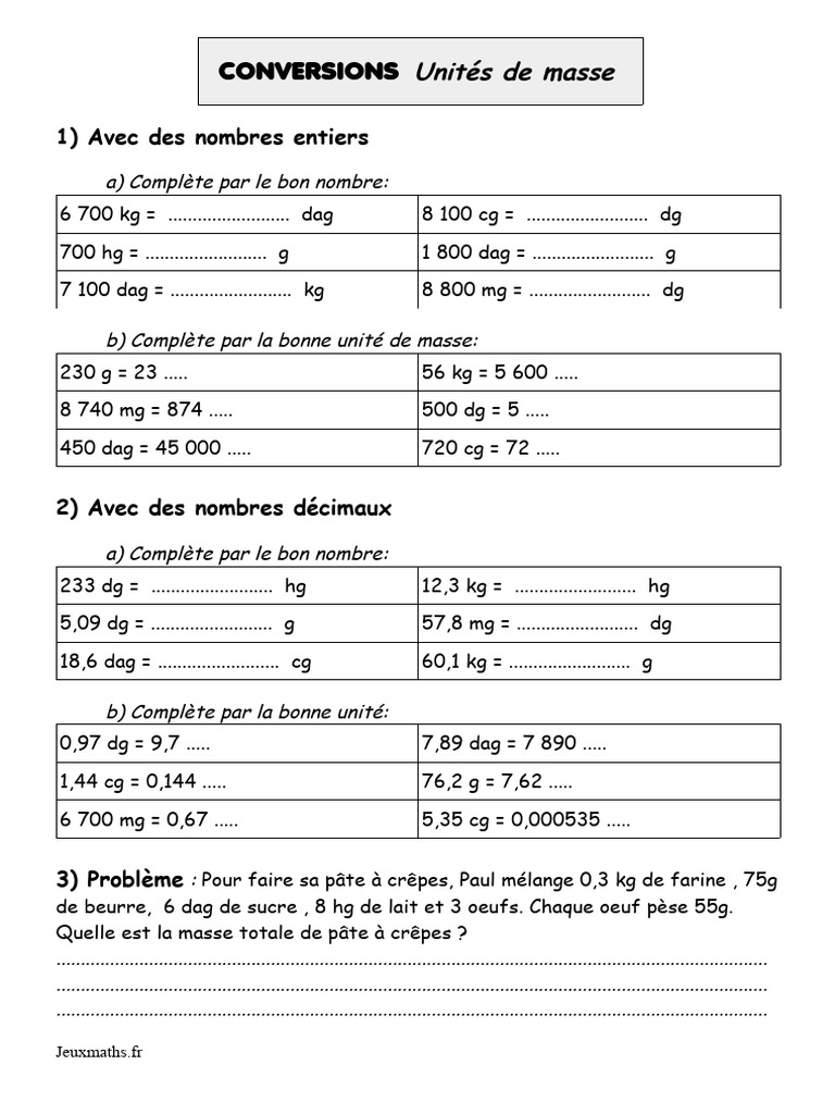 Exercices de conversion de masse CM1 | PDF | Méthodes et références ...
