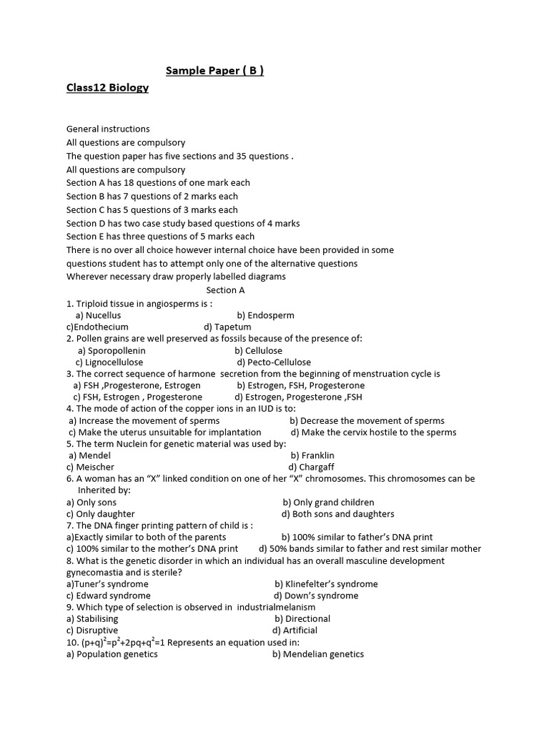 Sample Paper (B) Class12 Biology | PDF | Logistic Function | Vaccines