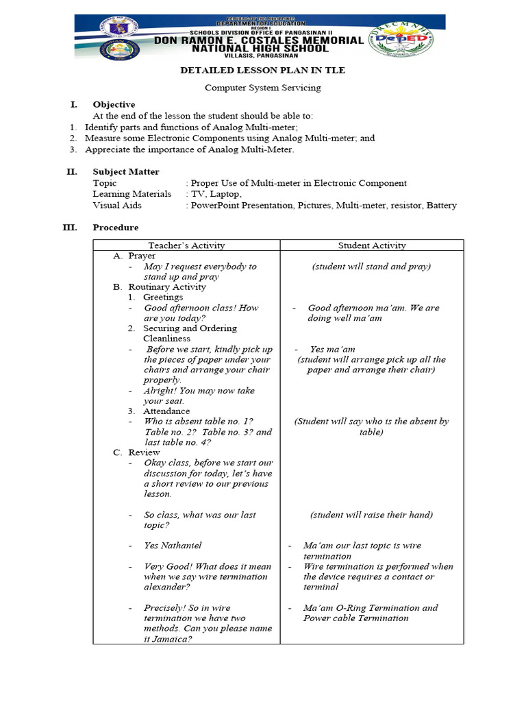 Detailed Lesson Plan In Tle Ange Final Demo Pdf Equipment