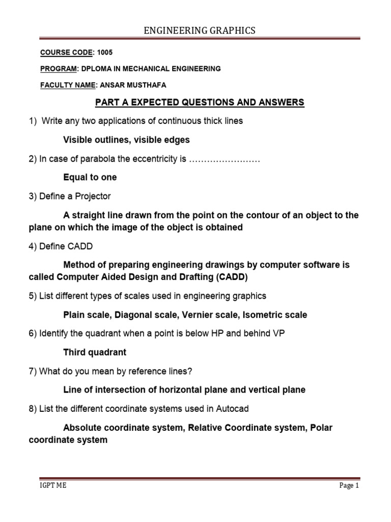Engineering Graphics Course Q&A Guide | PDF | Cartesian Coordinate ...