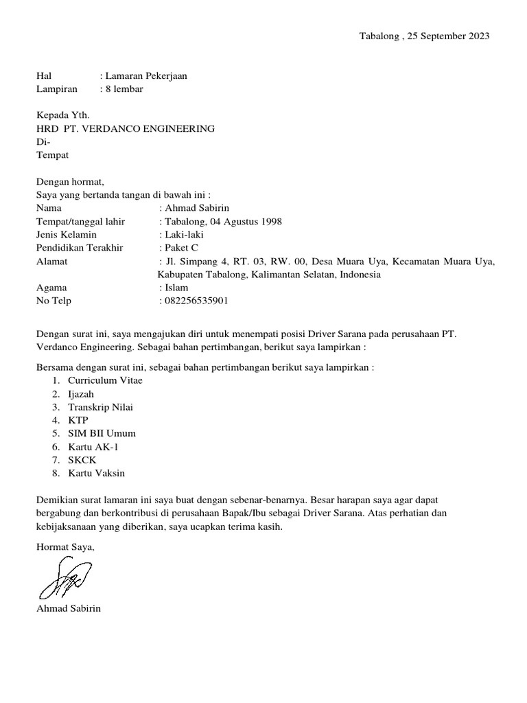 CV Ahmad Sabirin - Driver Sarana - PT - Verdanco Eng | PDF