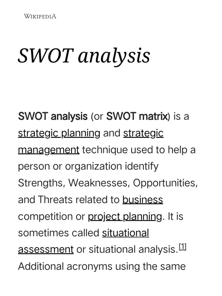 SWOT Analysis - Wikipedia | PDF | Swot Analysis | Business Economics