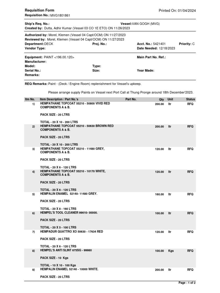 Ship Paint Requisition Form | PDF | Shipping | Ships