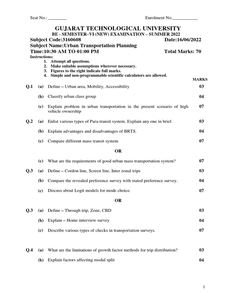 Gtu Civil 3160608 Summer 2022 | PDF | Economies | Transport
